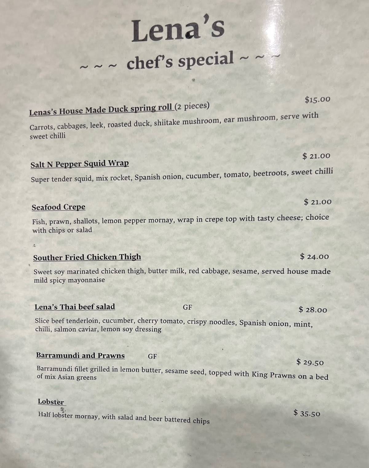 Menu at Lena's Cafe and Bar, Warners Bay