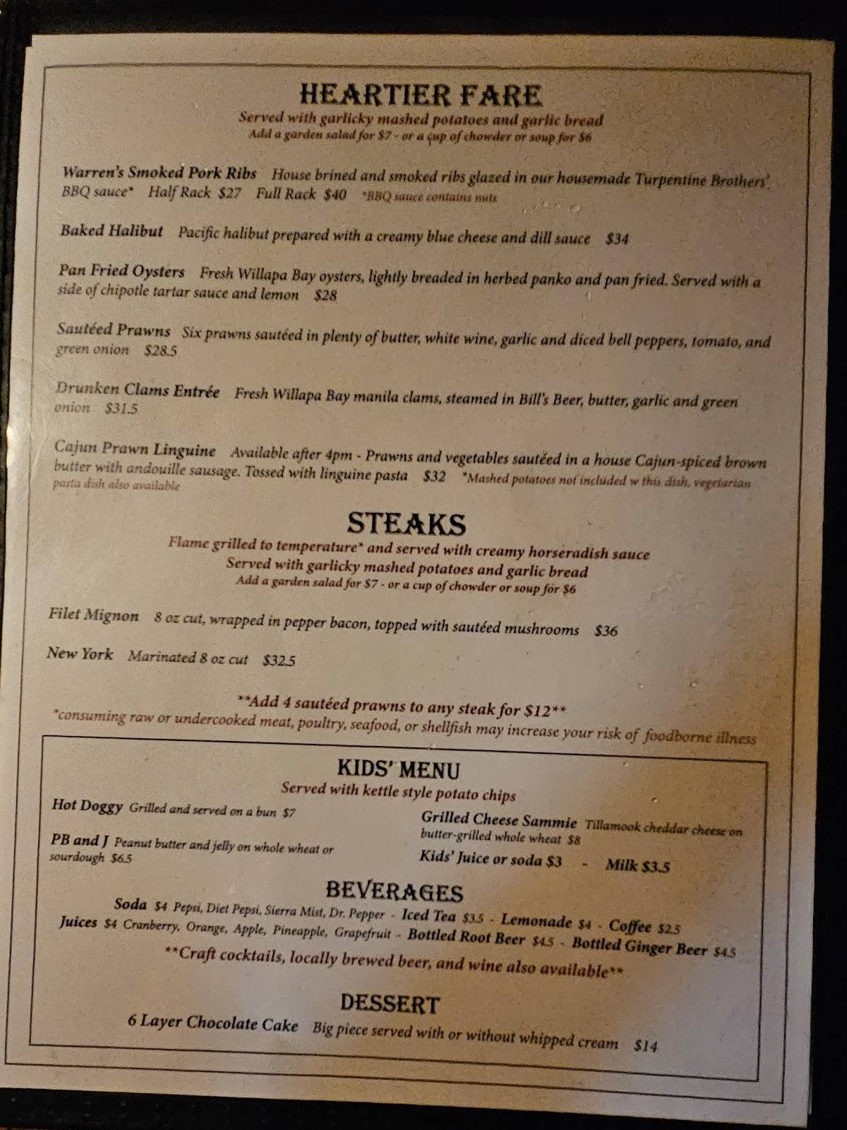 Menu at Warren House Pub, Cannon Beach