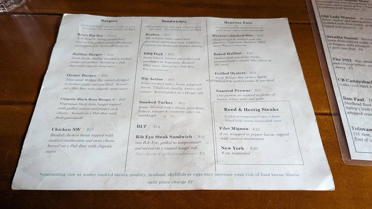 Menu at Warren House Pub, Cannon Beach