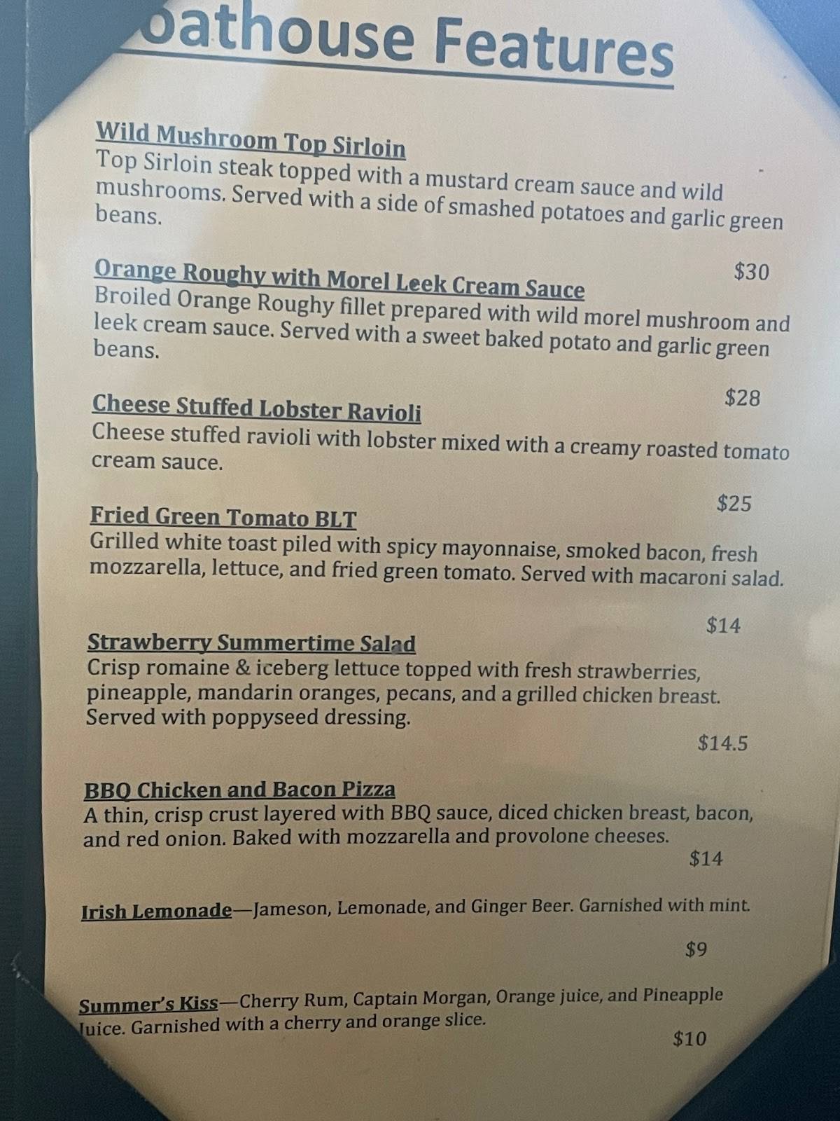 Menu at Boathouse Restaurant, Winona Lake