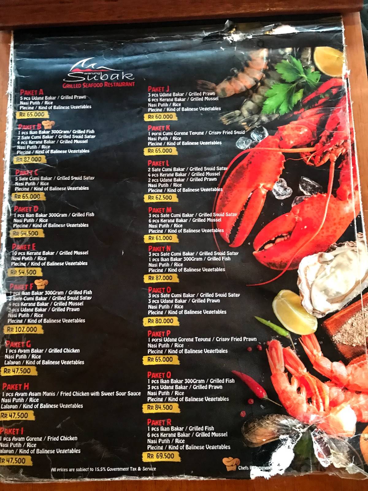 Menu at Warung Subak restaurant, Denpasar, Jalan Astasura No. 5 Peguyangan