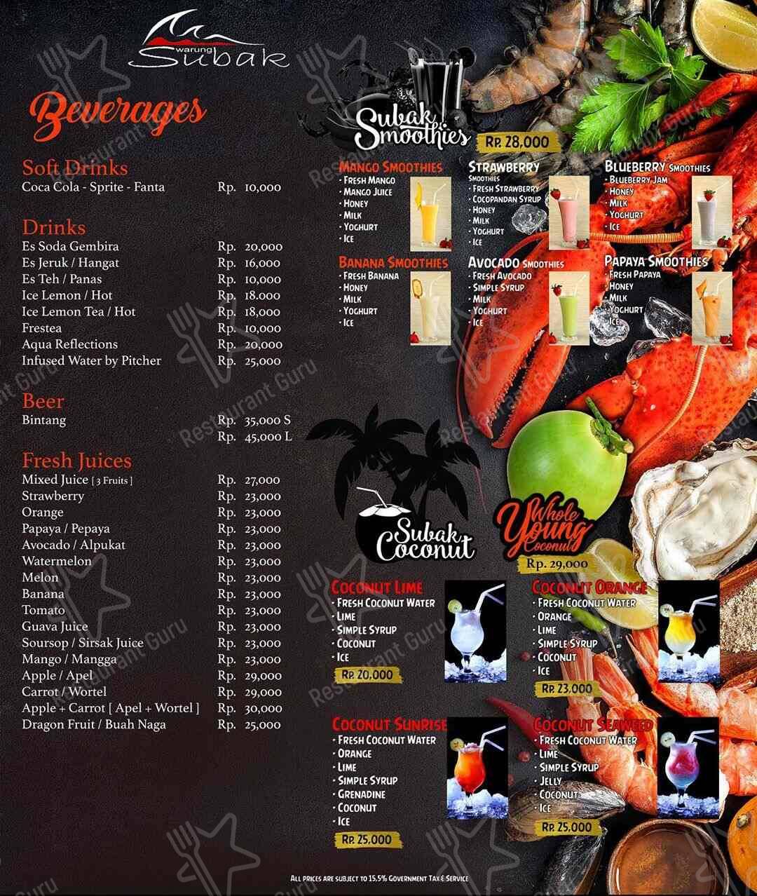Menu at Warung Subak restaurant, Denpasar, Jalan Astasura No. 5 Peguyangan