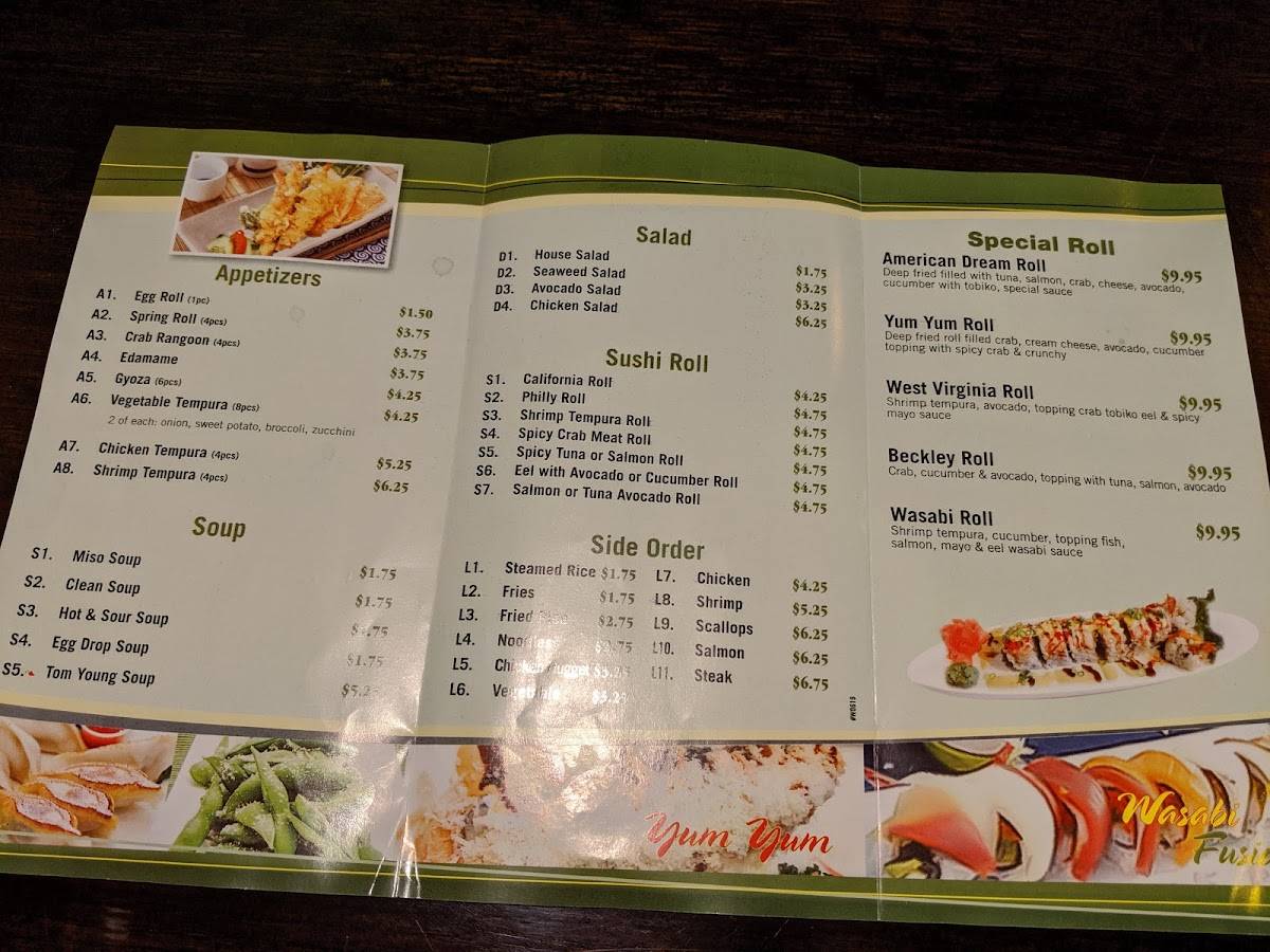 Menu at Wasabi Fusion restaurant, Beckley
