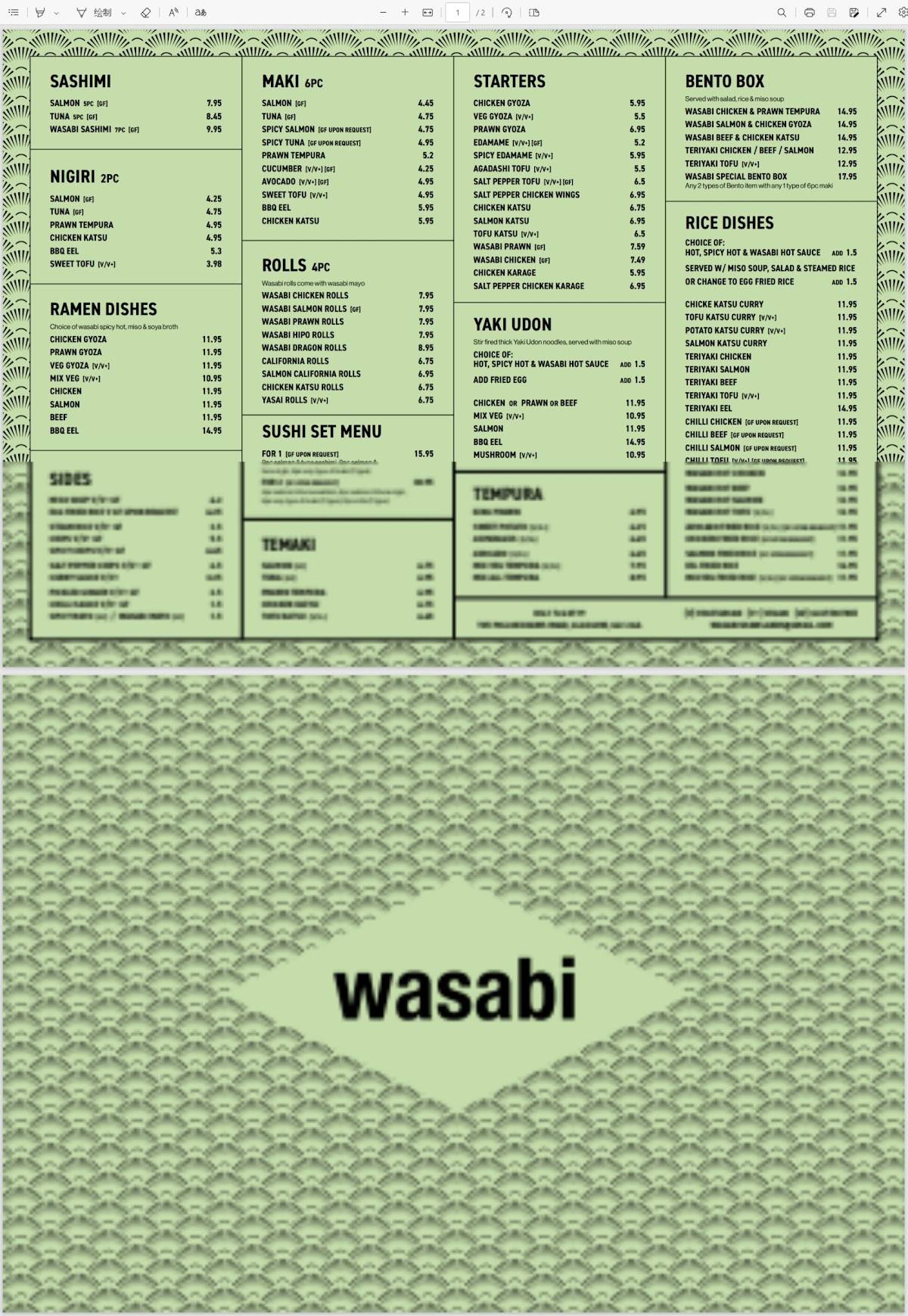 Menu at Wasabi Glasgow restaurant, Glasgow