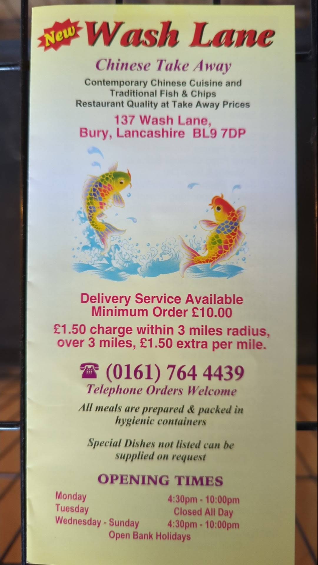 Menu at Wash Lane Chip Shop restaurant, Bury