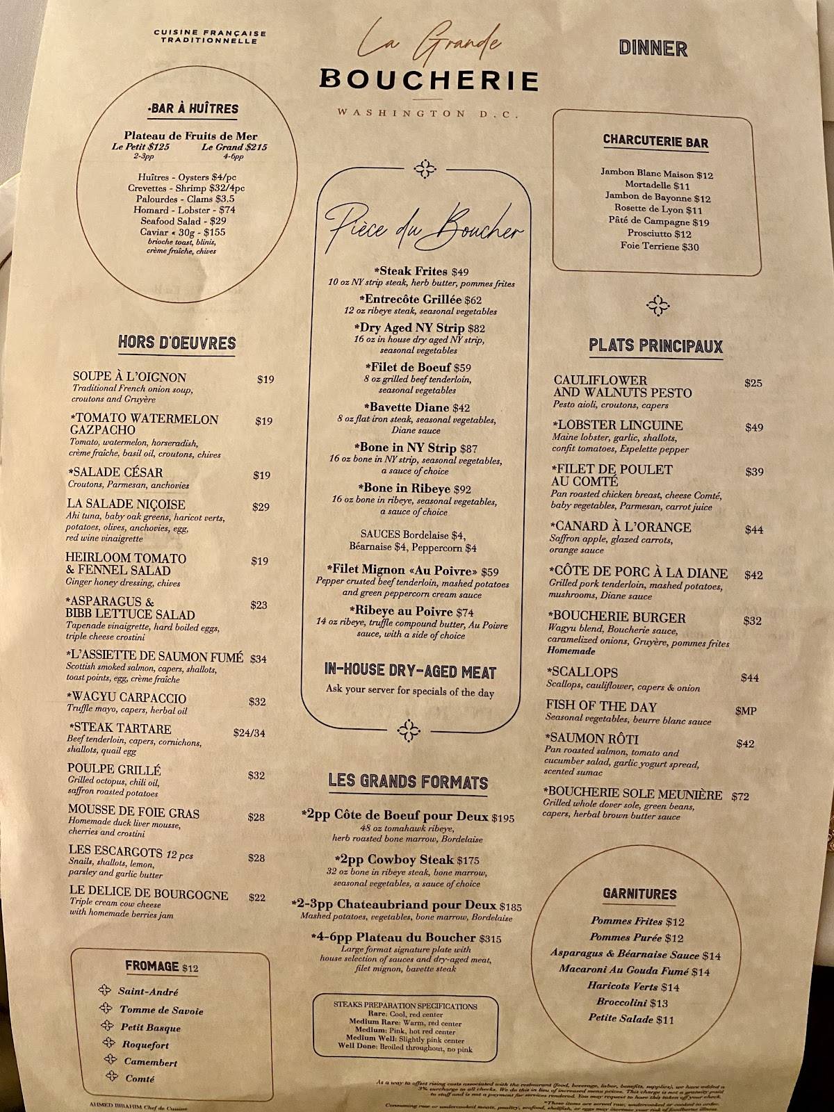Menu at La Grande Boucherie DC pub & bar, Washington