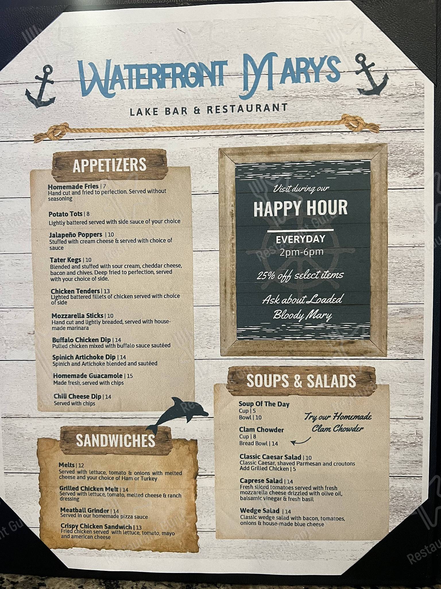 Menu at Waterfront Mary's Bar & Restaurant, Webster