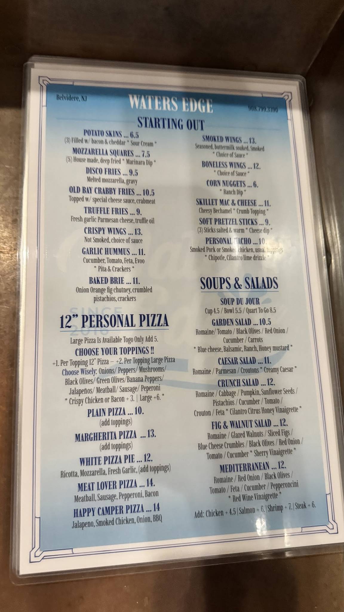 Menu at Waters Edge pub & bar, Belvidere, 487 US-46