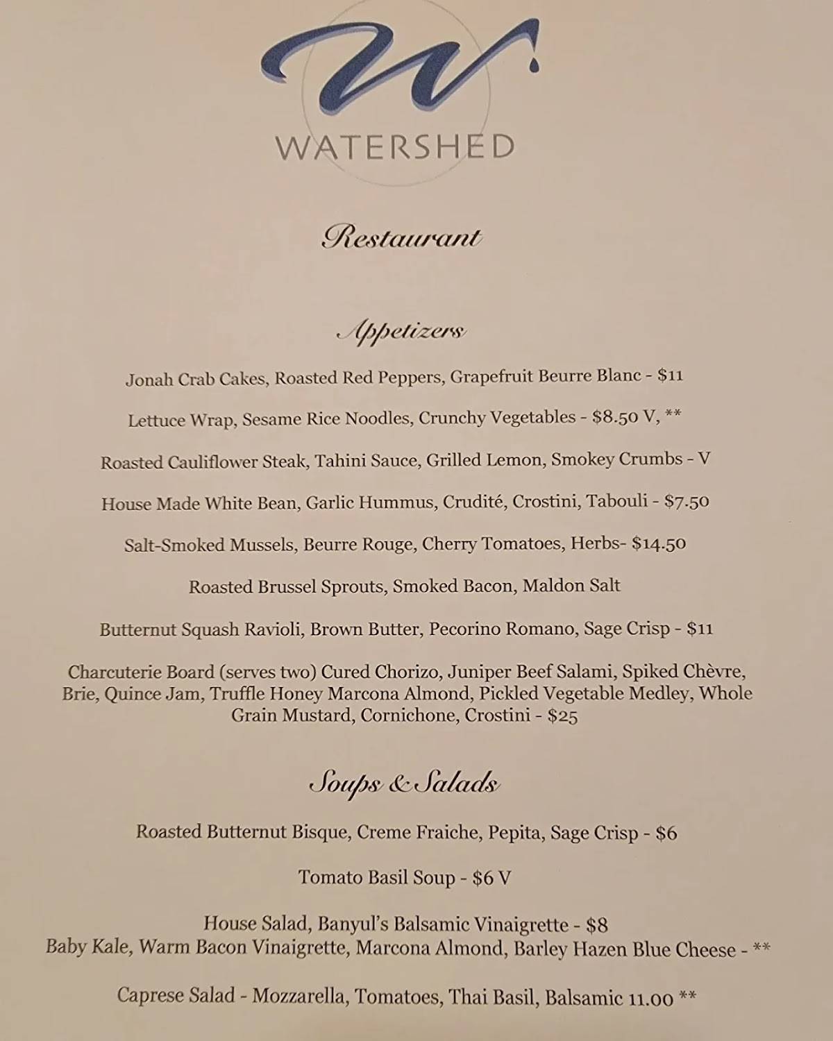 Menu at Watershed Restaurant, Montague