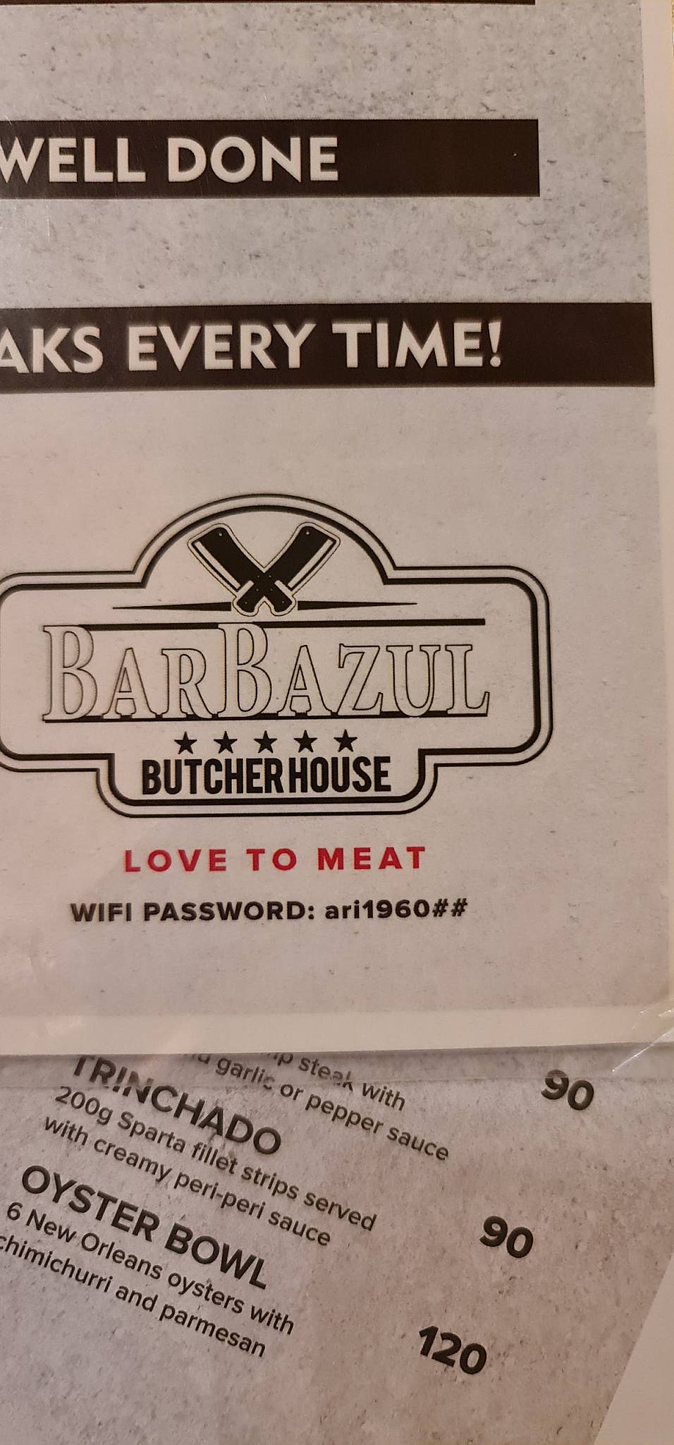 Menu at BarBazul, Welkom