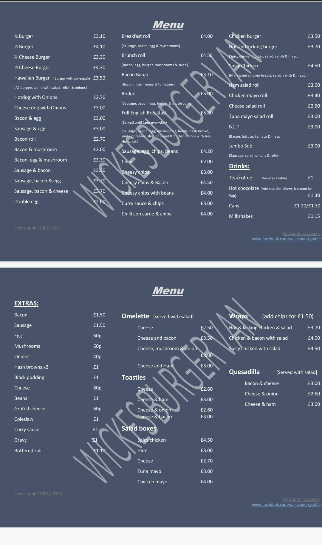 Menu at West Country Table/ Wickes Burger Van restaurant, Trowbridge