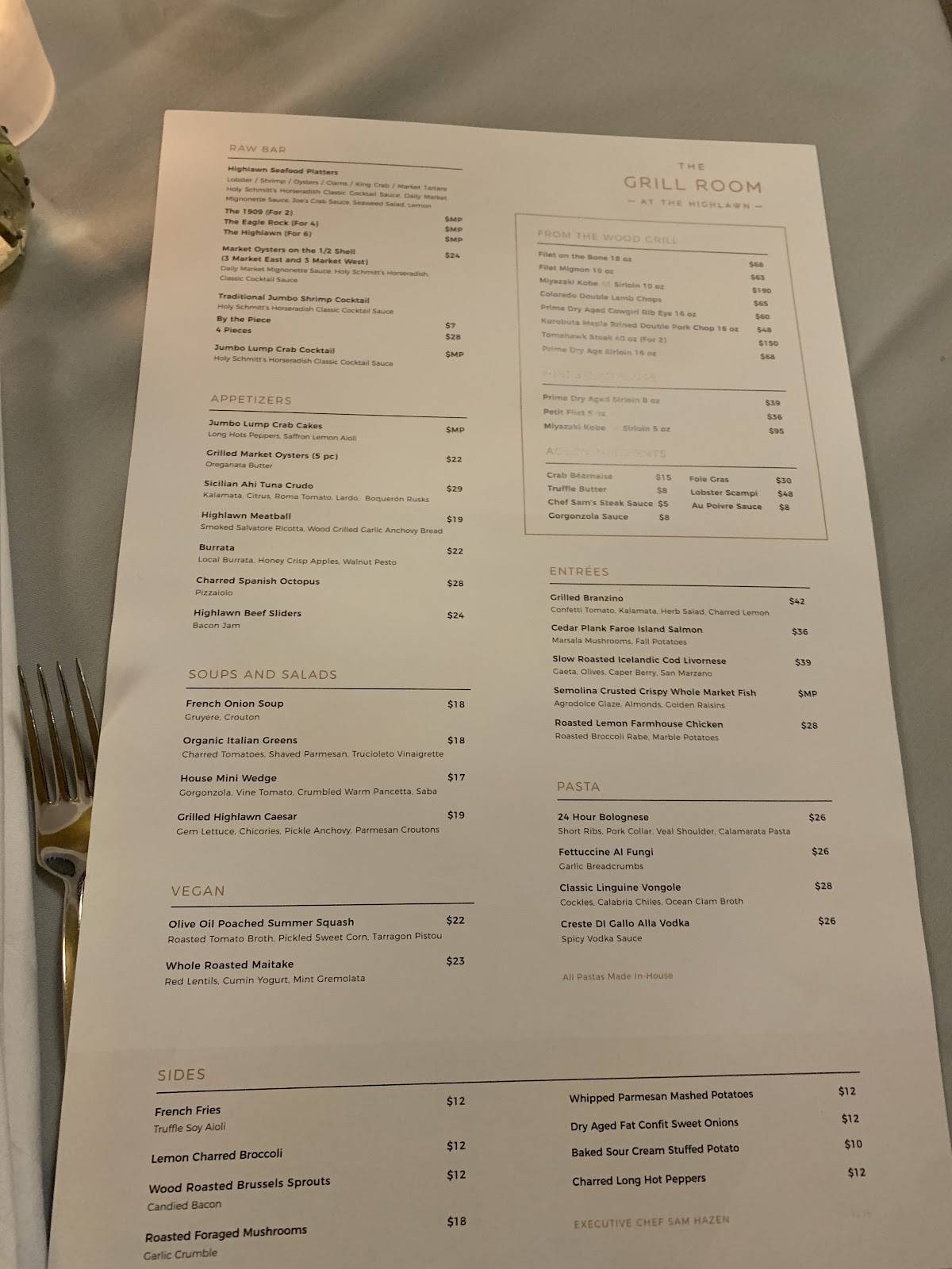 Menu at The Highlawn restaurant, West Orange