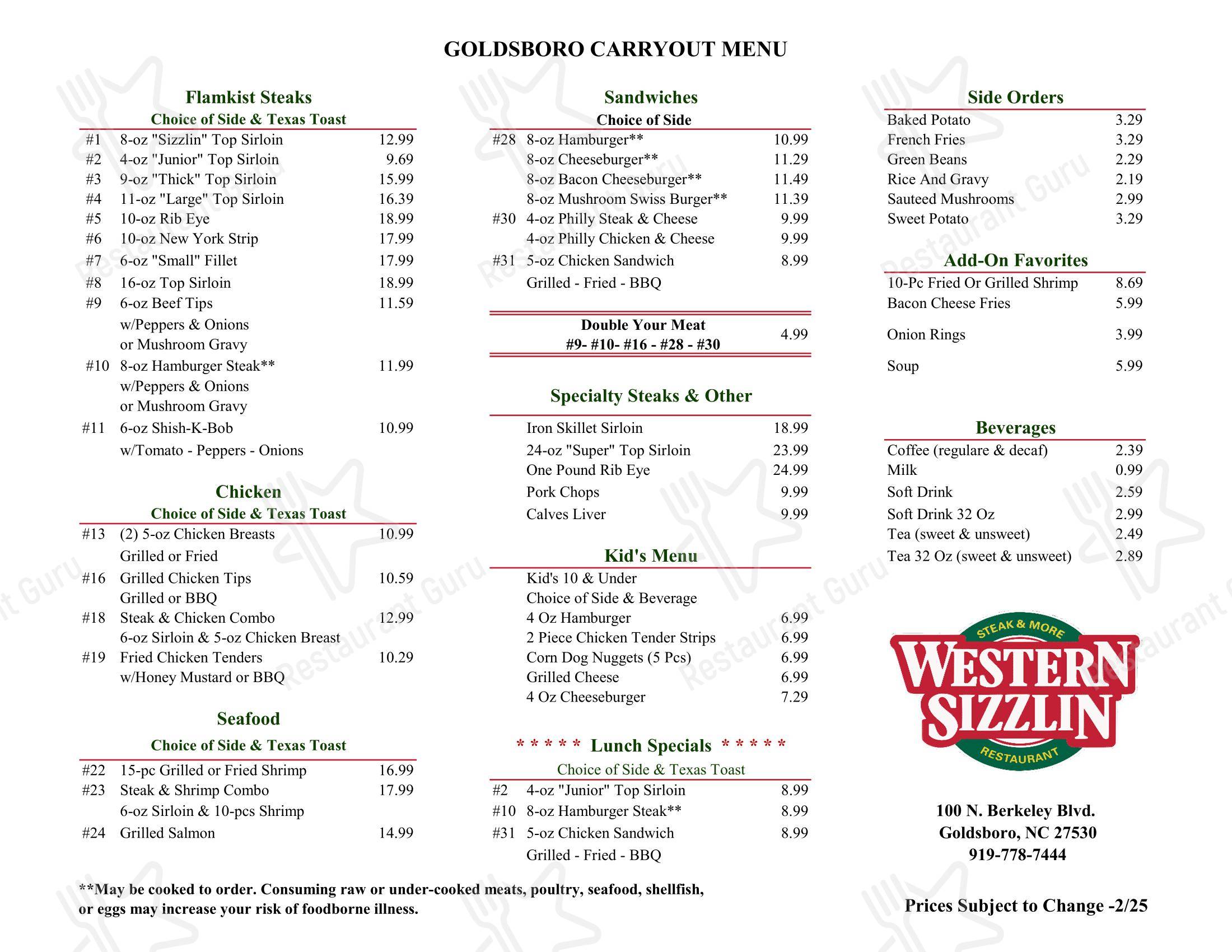 Menu at Western Sizzlin Steakhouse & Buffet, Goldsboro
