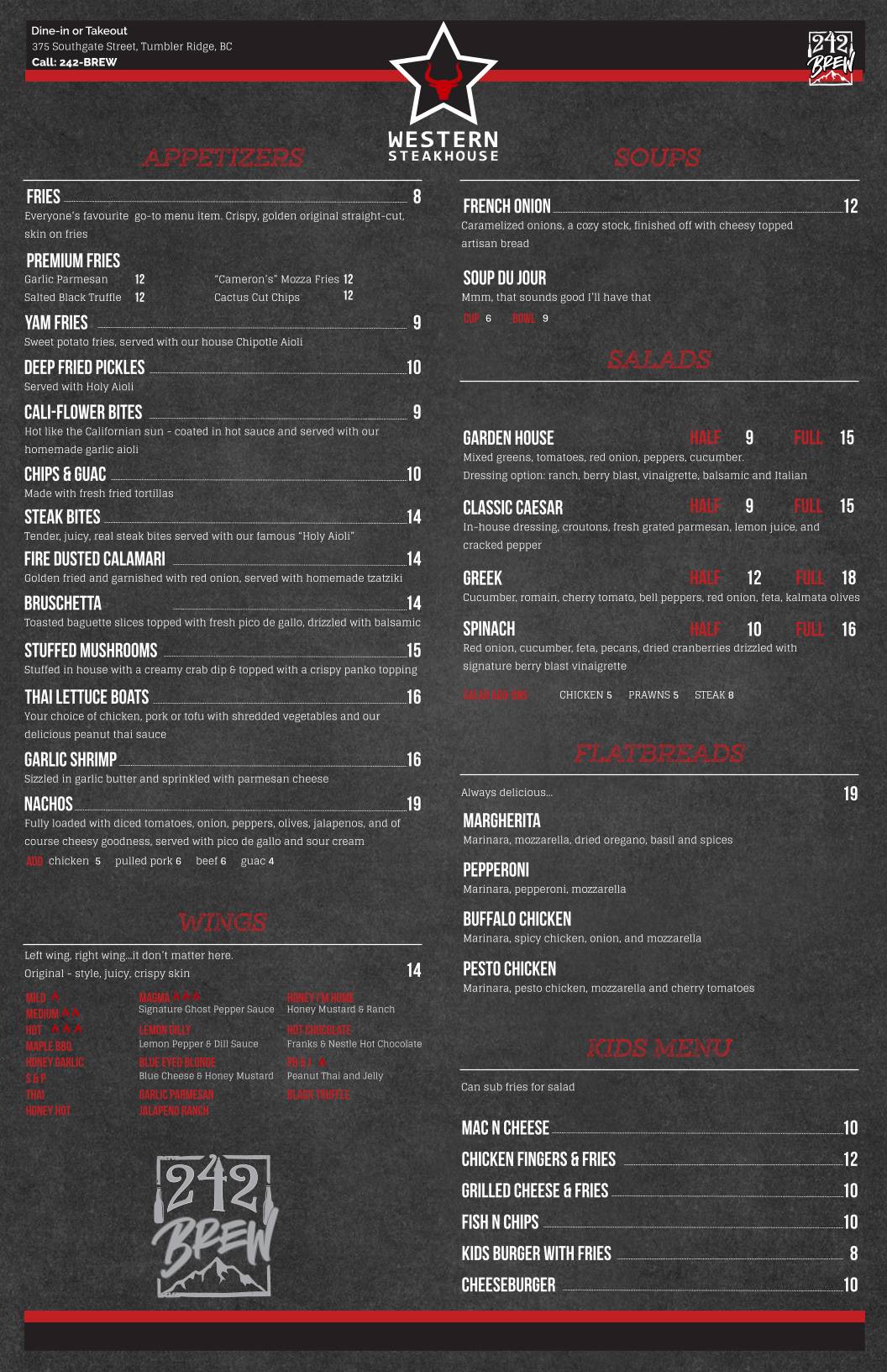 Menu at Western Steakhouse by 242 Brew Ltd, Tumbler Ridge