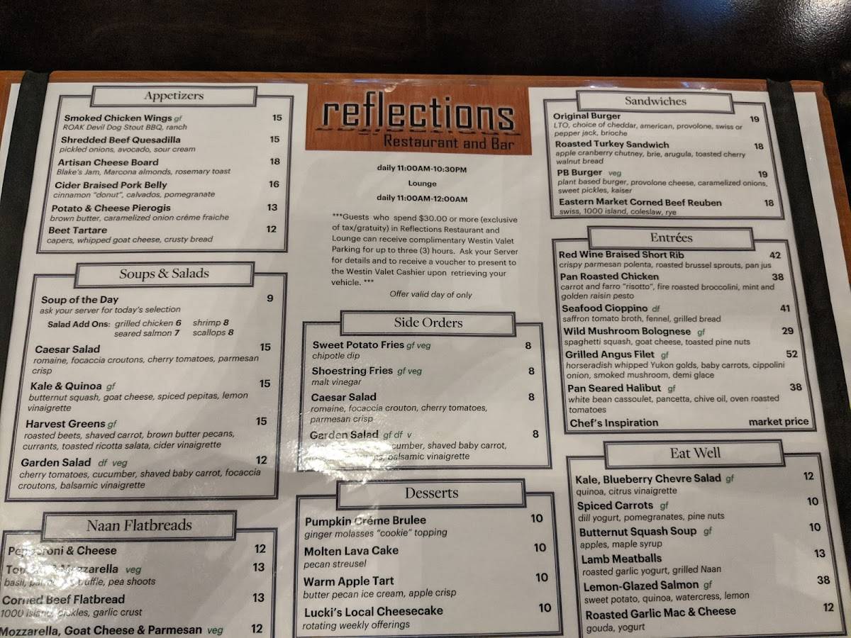 Menu at Westin Reflections Lounge pub & bar, Romulus, 2501 Worldgateway Pl