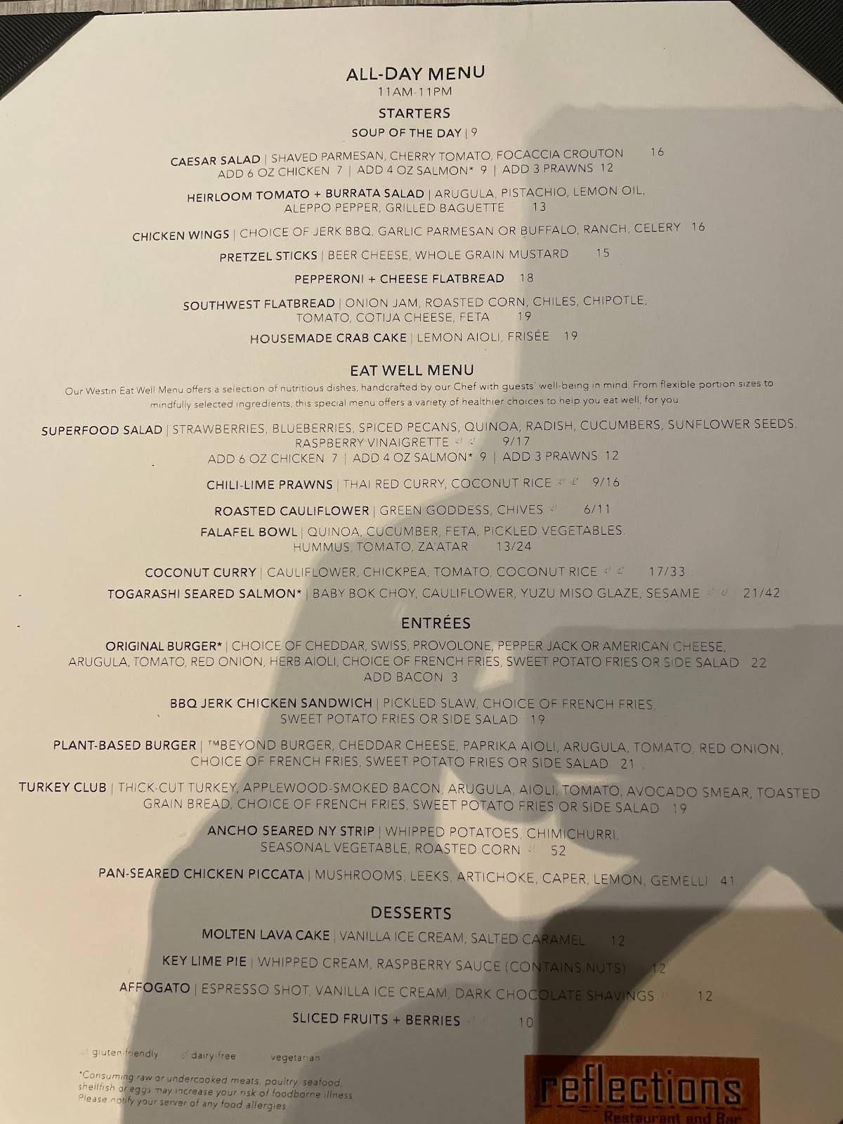 Menu at Westin Reflections Lounge pub & bar, Romulus, 2501 Worldgateway Pl