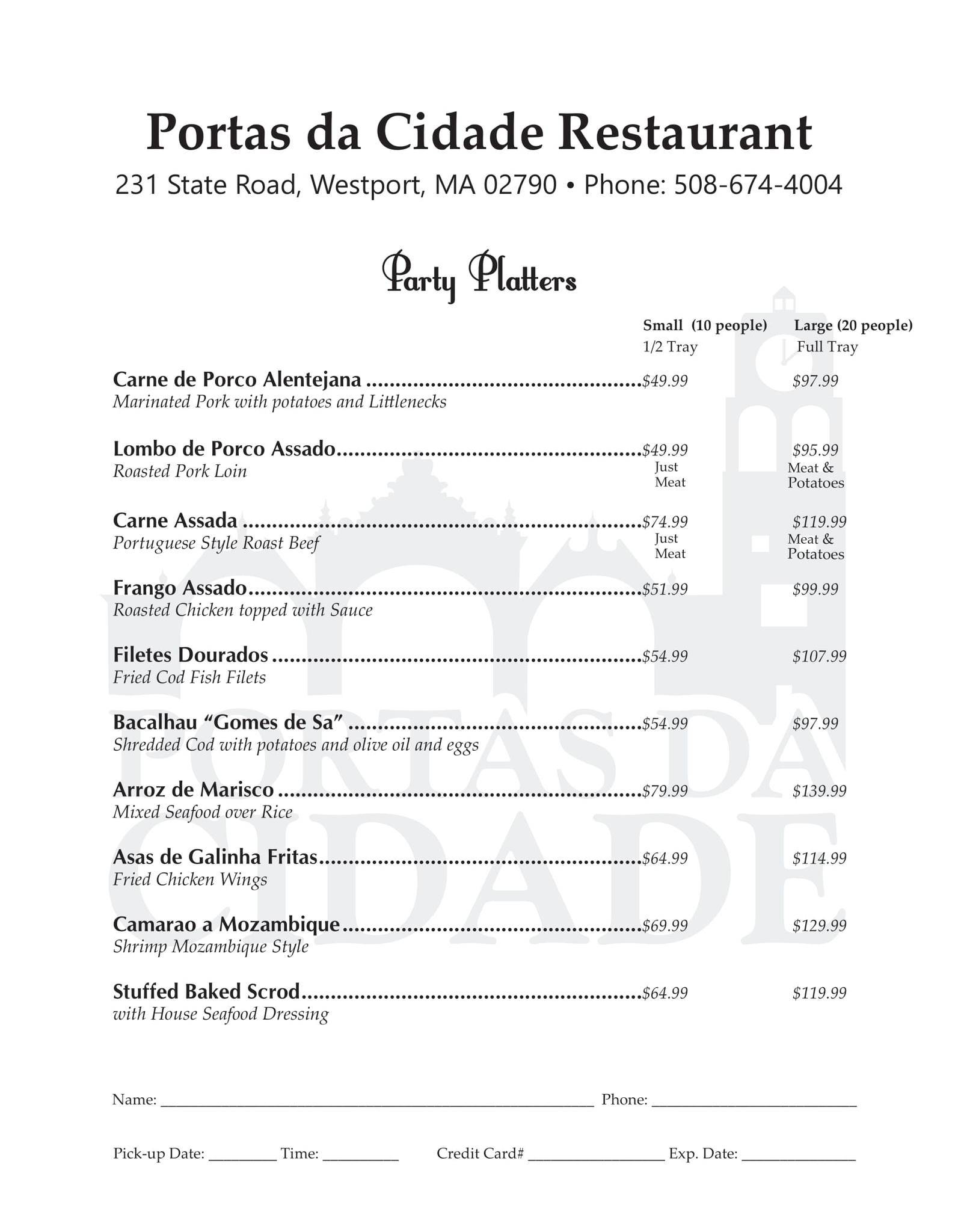 Menu at Portas Da Cidade restaurant, Westport