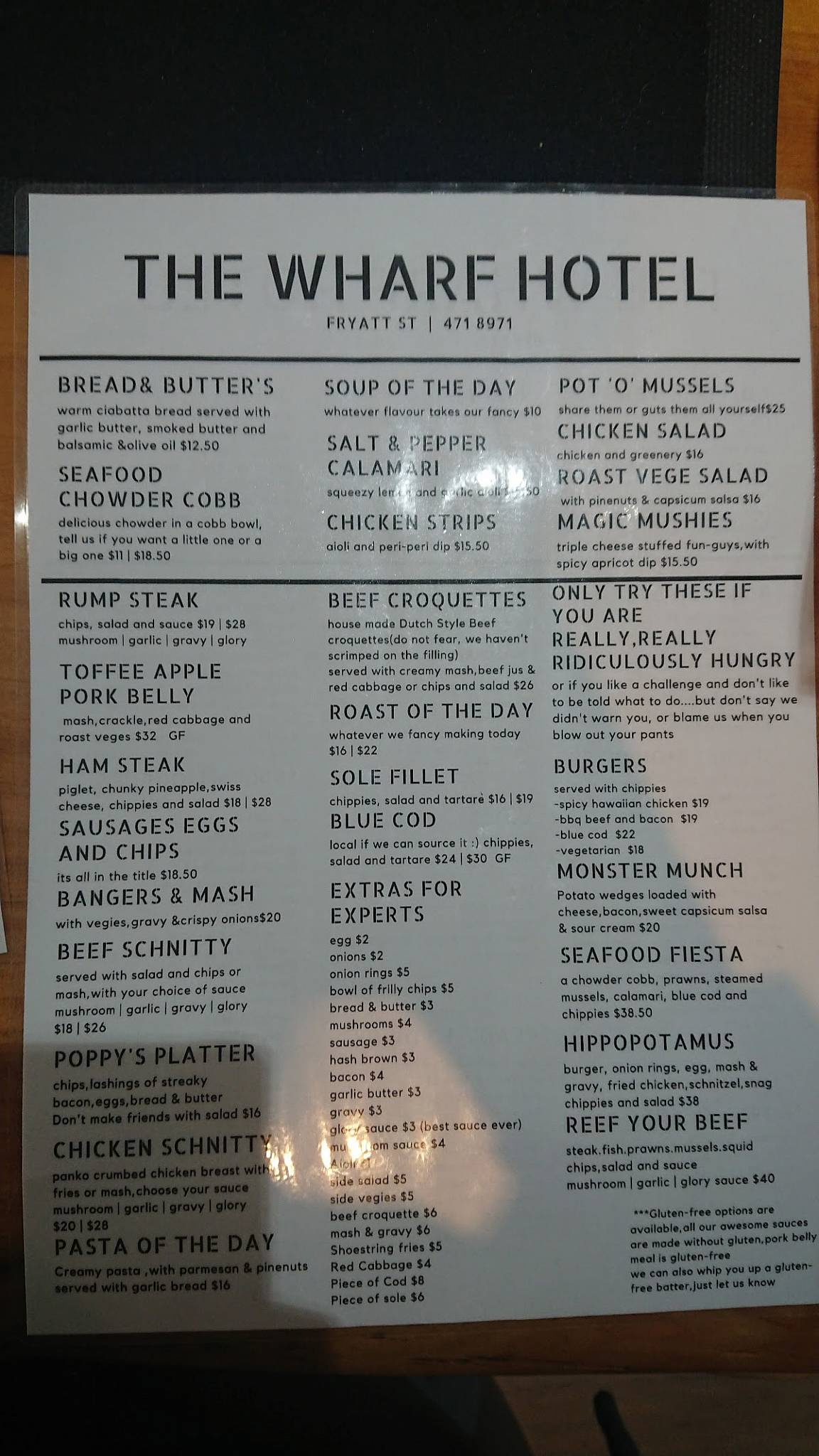 Menu at Wharf Hotel Dunedin restaurant, Dunedin