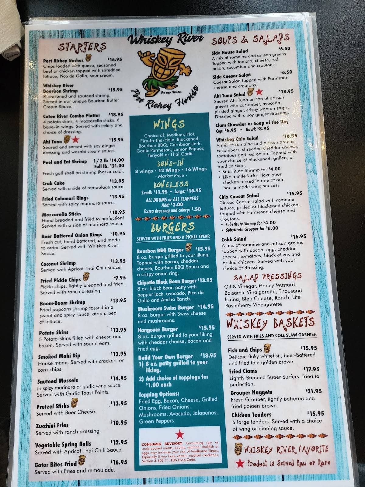 Menu at Whiskey River On The Water pub & bar, Port Richey