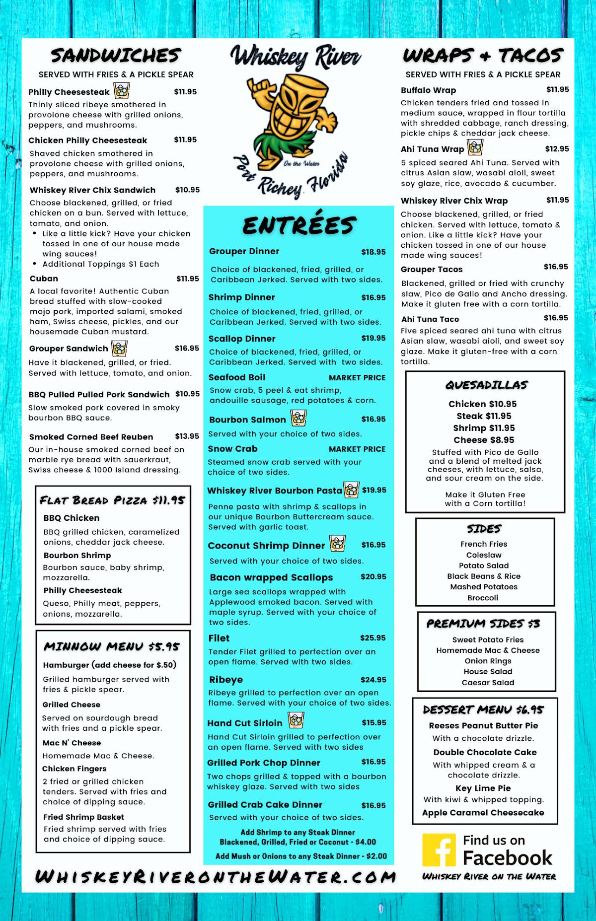 Menu at Whiskey River On The Water pub & bar, Port Richey