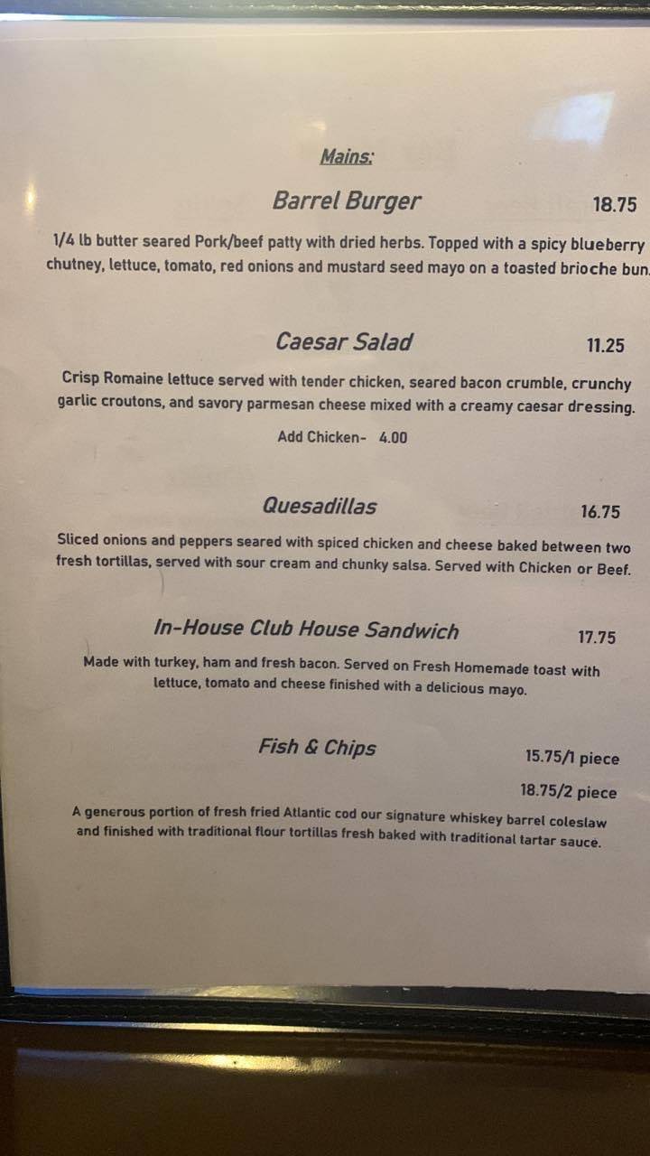 Menu au Whiskey barrel, Saint John's