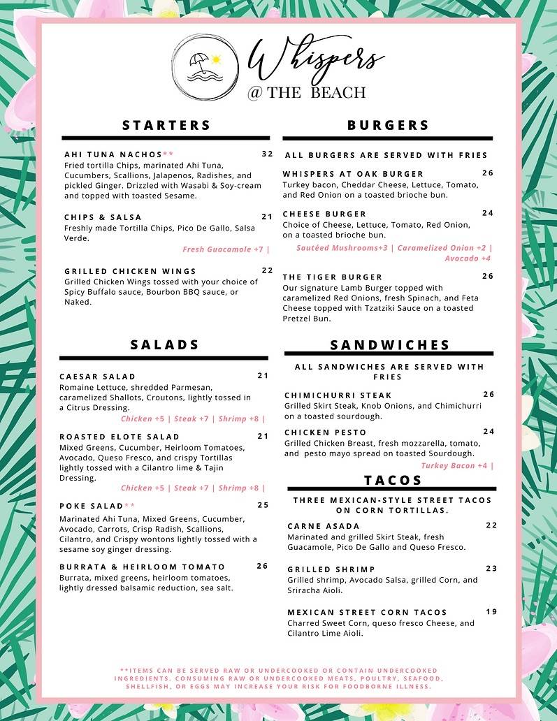 Menu at Whispers at Oak Street Beach restaurant, Chicago, N Lake Shore Dr