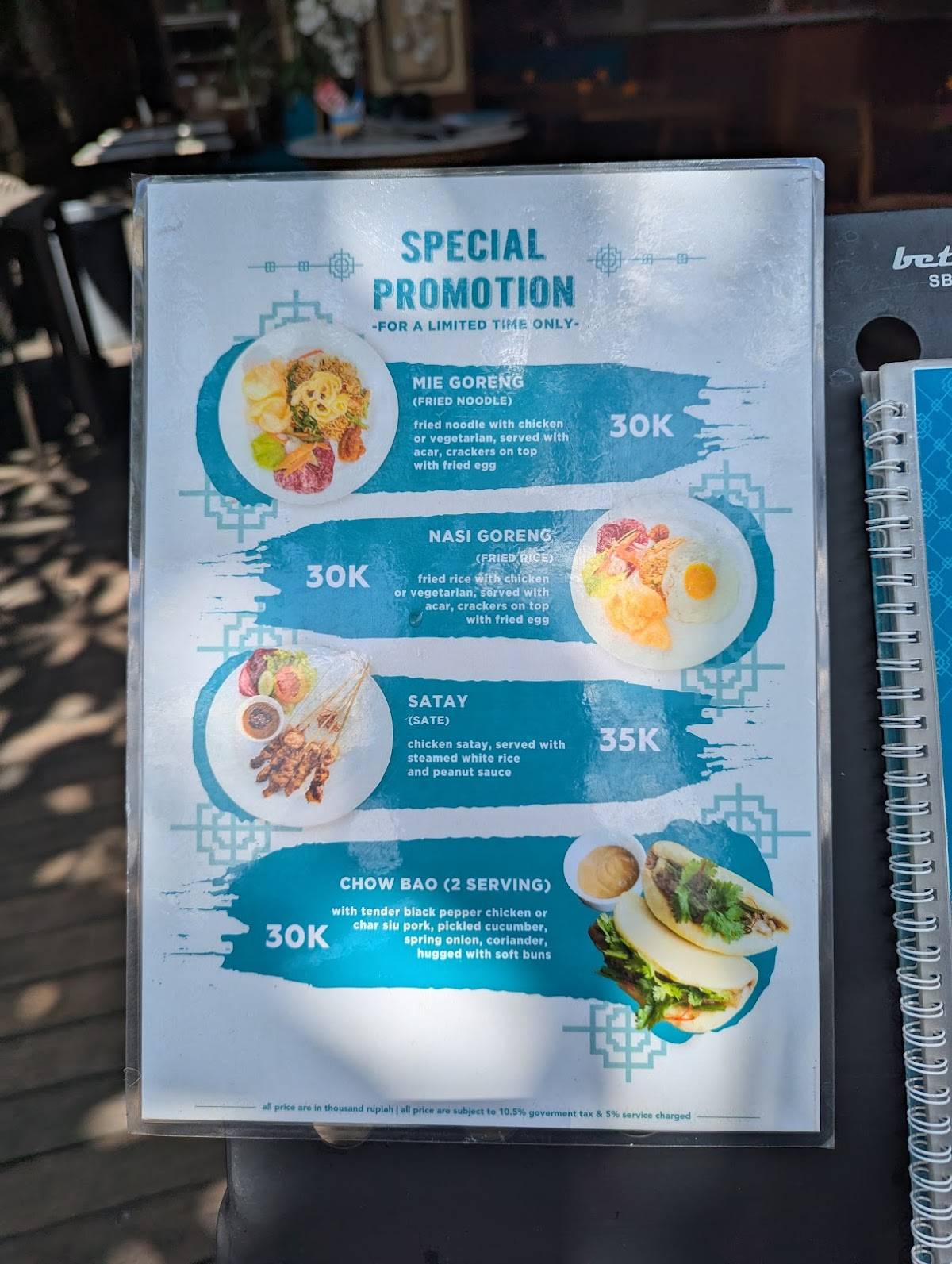 Menu at White Orchid Ubud restaurant, Ubud