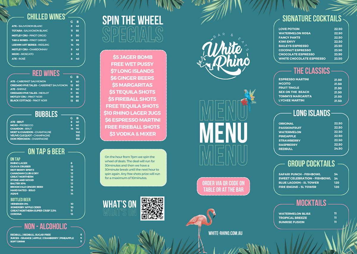 Menu at White Rhino Bar & Eats, Surfers Paradise