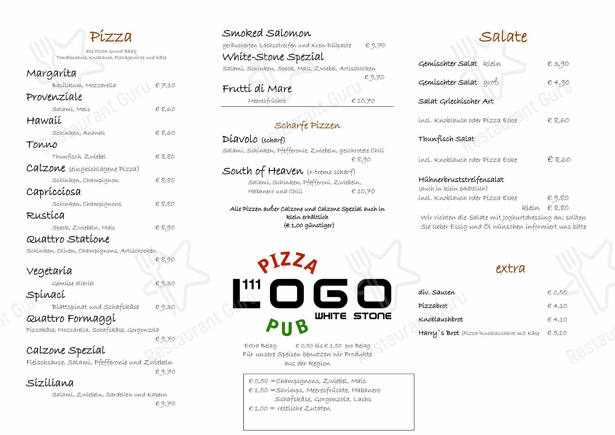 Speisekarte von Whitestone Logo und ONE Eleven pizza, Golling an der ...