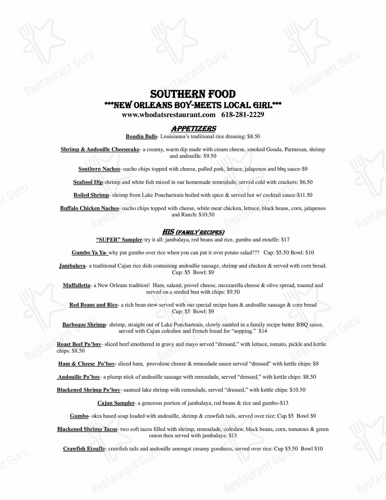 Menu at Who Dat's Southern Food restaurant, Collinsville
