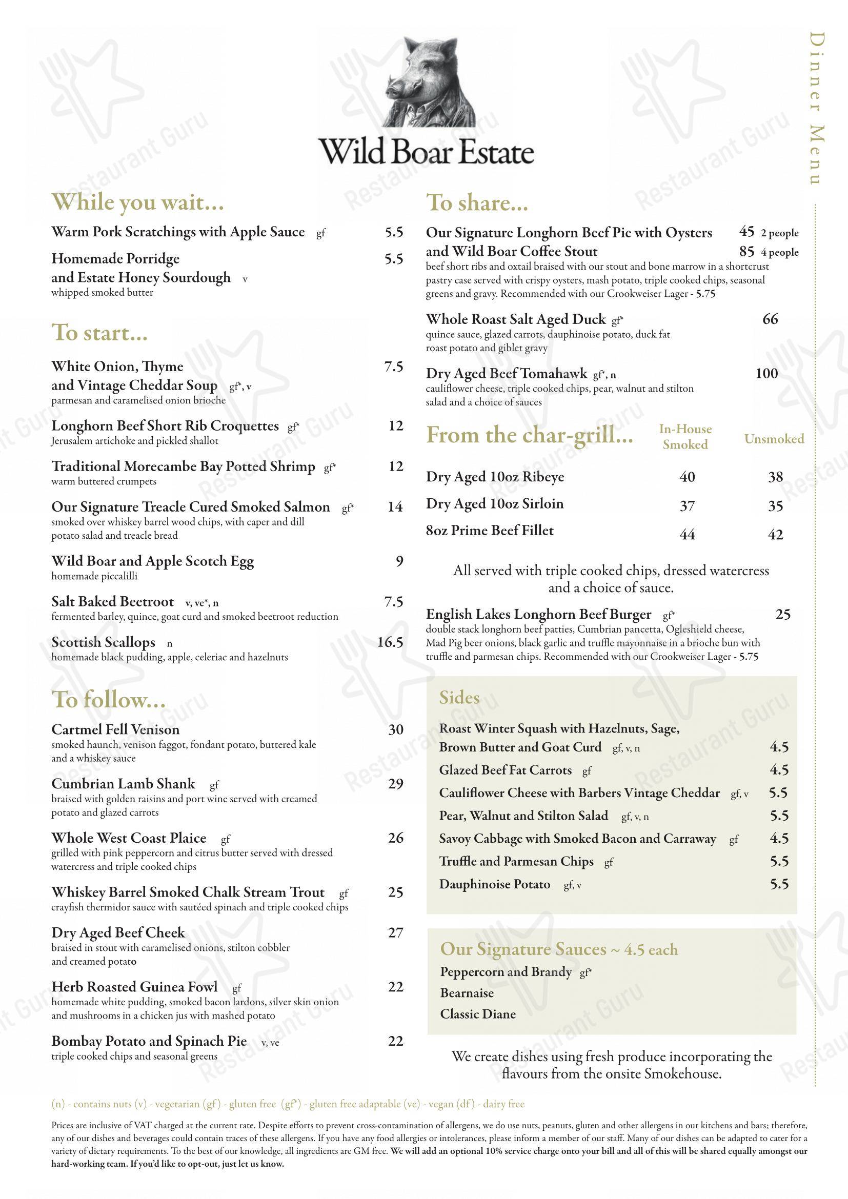 Menu at Wild Boar Estate Bar, Restaurant & Inn, Crook