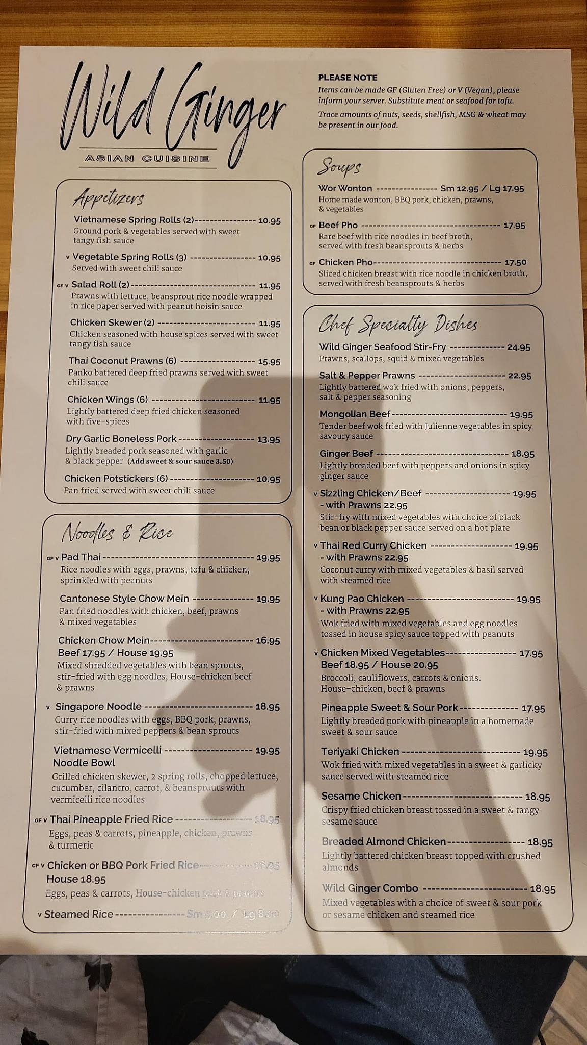 Menu at Wild Ginger restaurant, Penticton