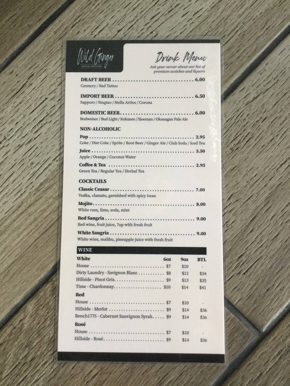 Menu at Wild Ginger restaurant, Penticton
