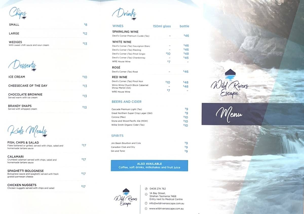 Menu at Wild Rivers Escape Restaurant, Strahan