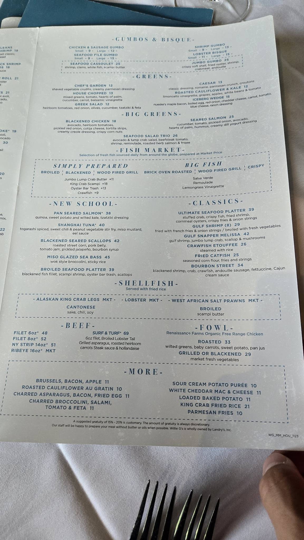 Menu at Willie G's Seafood pub & bar, Houston