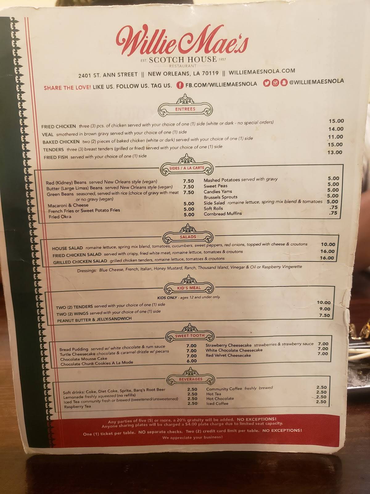 Menu at Willie Mae's Scotch House restaurant, New Orleans