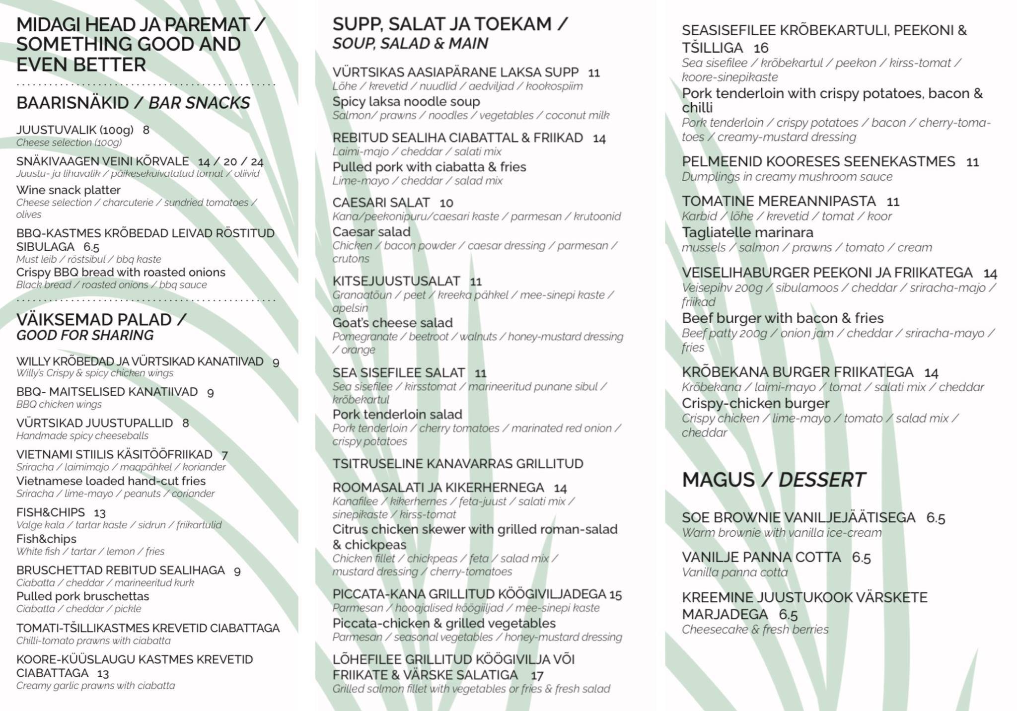 Menu at Willy&Rudy pub & bar, Tartu
