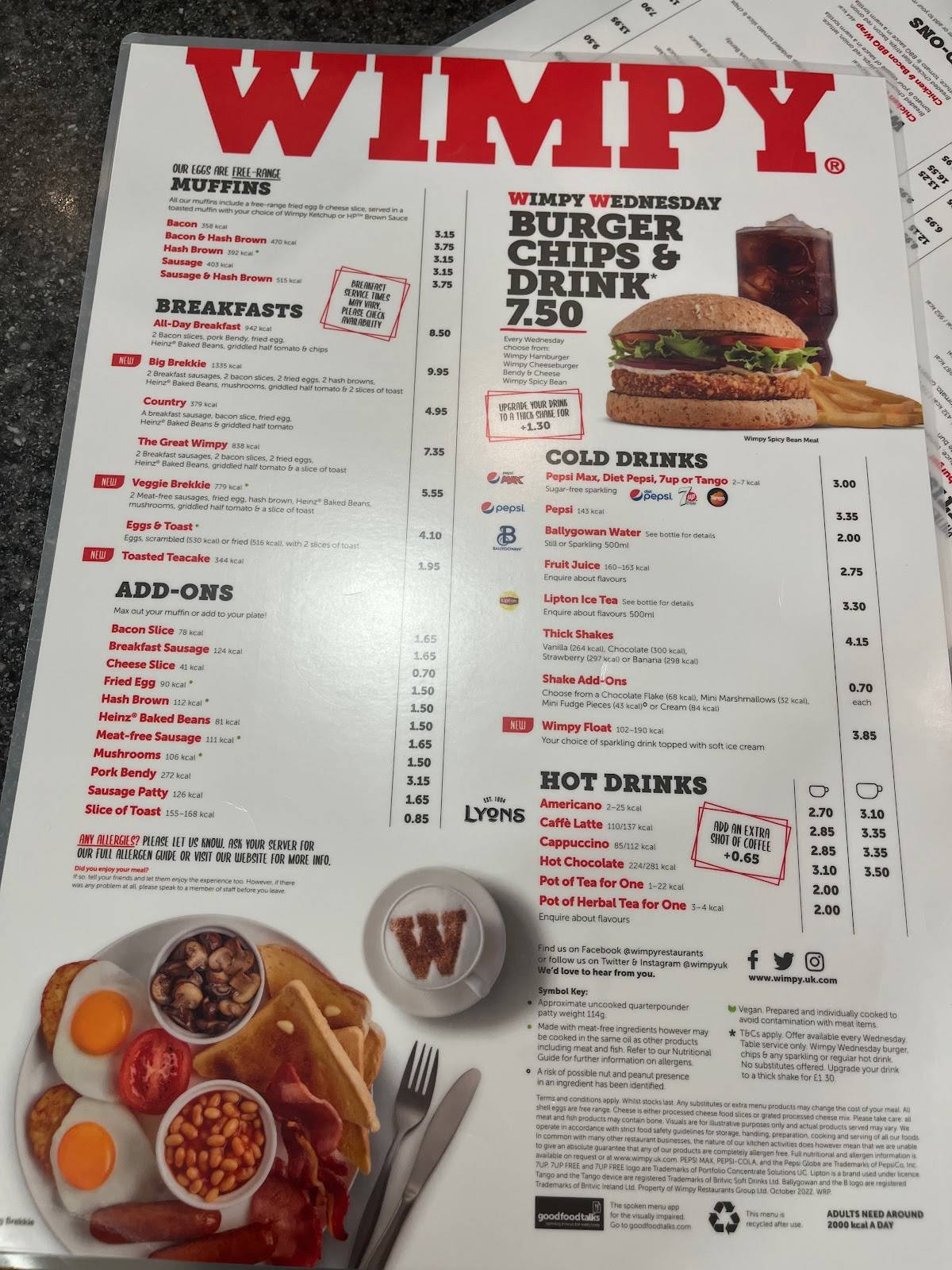 Menu at Wimpy restaurant, Huddersfield, 9 Cloth Hall St