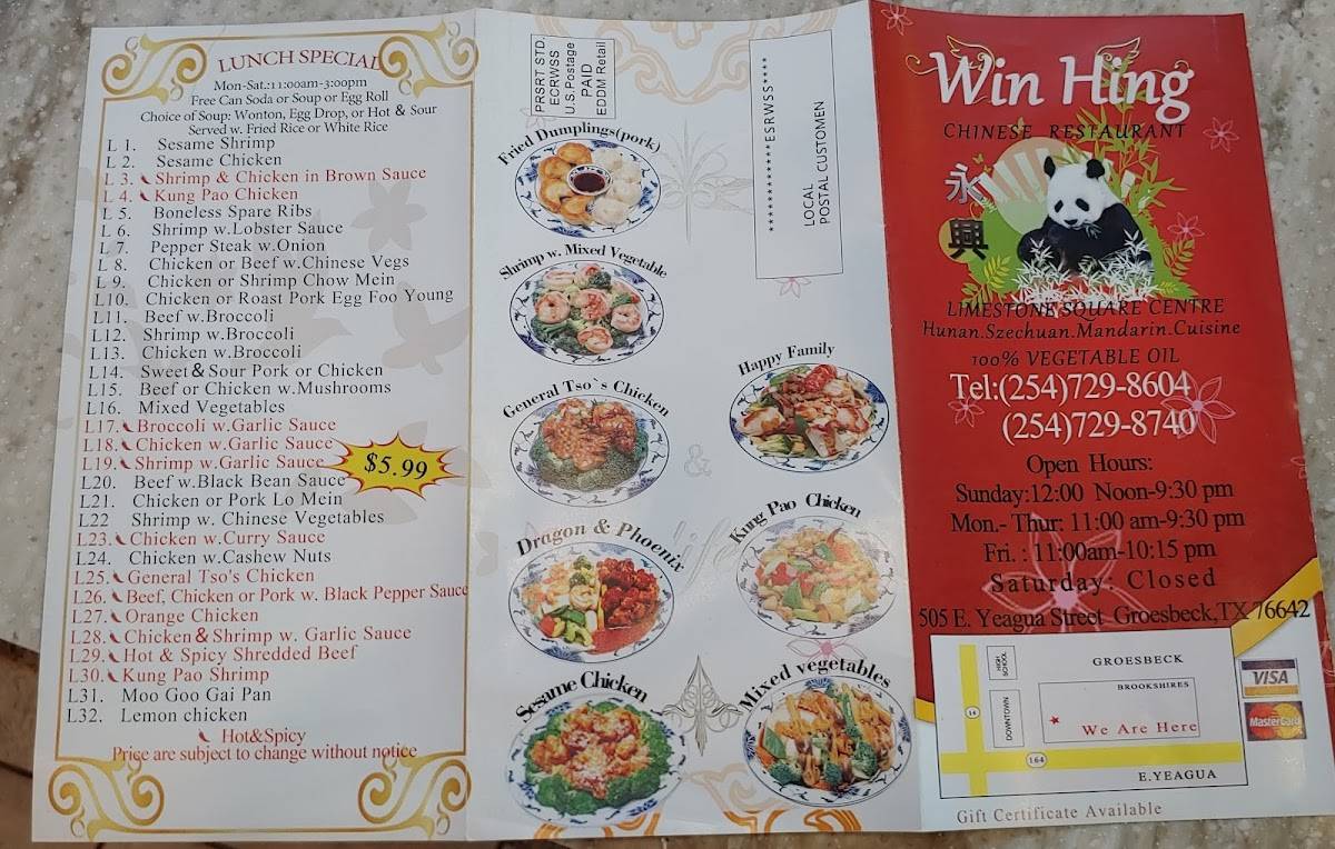 Menu at Win Hing Chinese Restaurant, Groesbeck