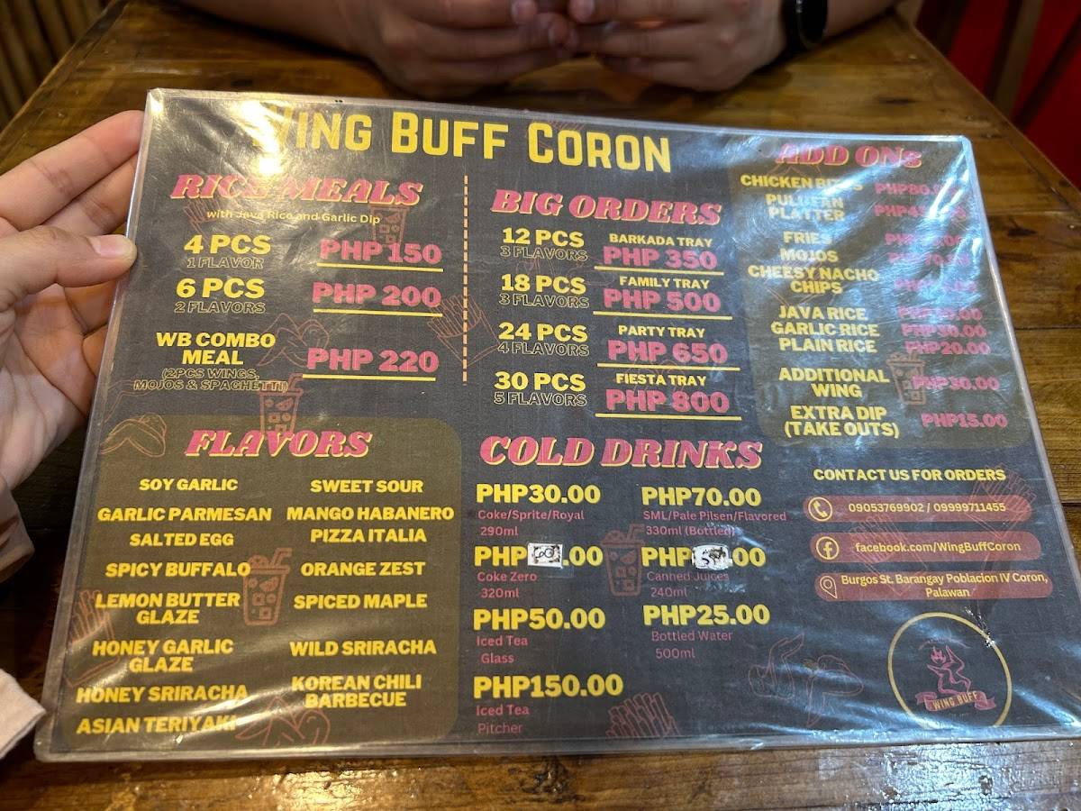 Menu at Wing Buff Coron restaurant, Coron