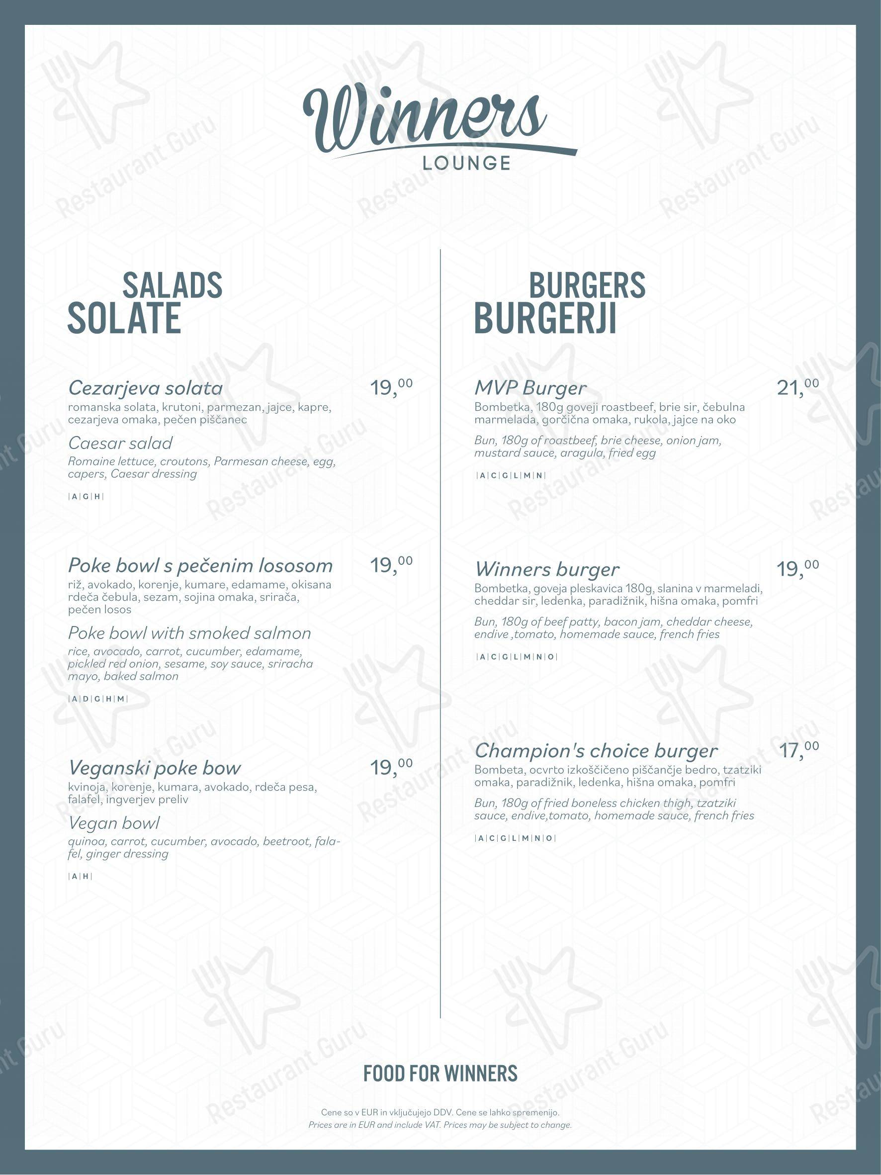 Menu at Winners Lounge restaurant, Ljubljana