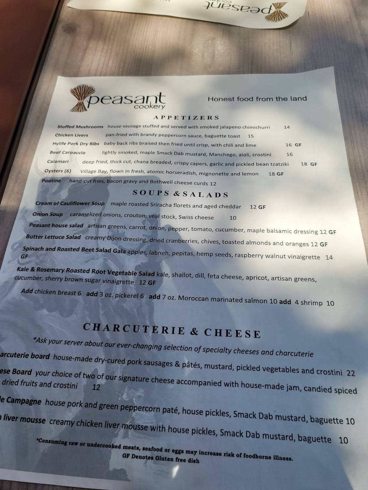 Menu at Peasant Cookery restaurant, Winnipeg