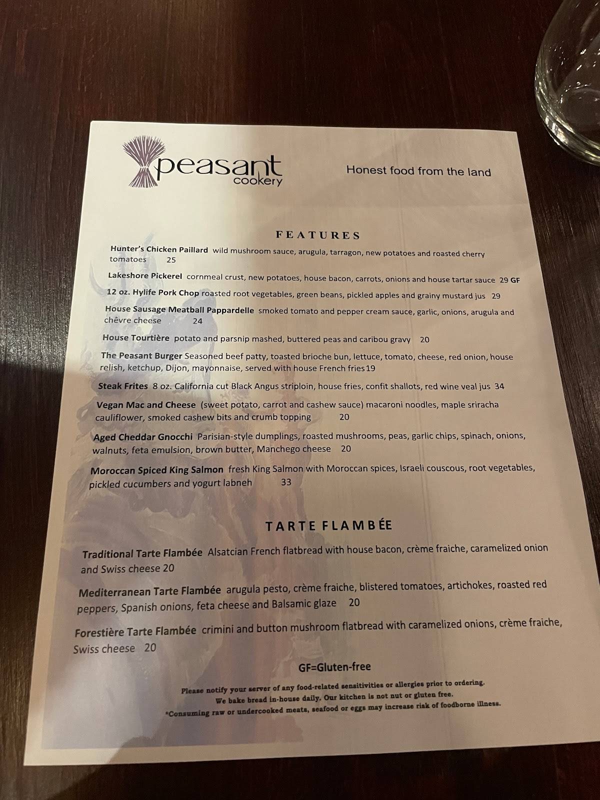Menu at Peasant Cookery restaurant, Winnipeg