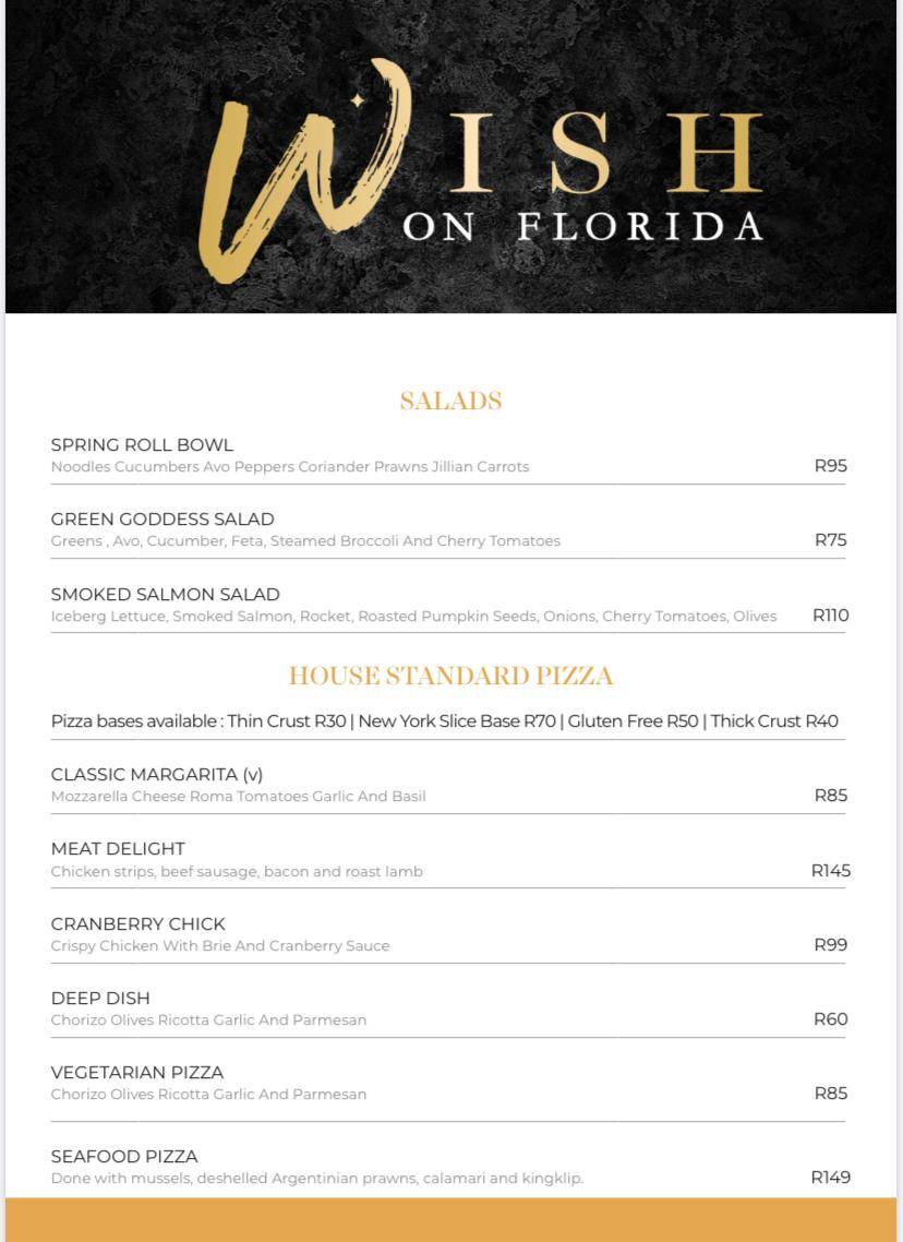 Menu at Wish On Florida restaurant, Durban