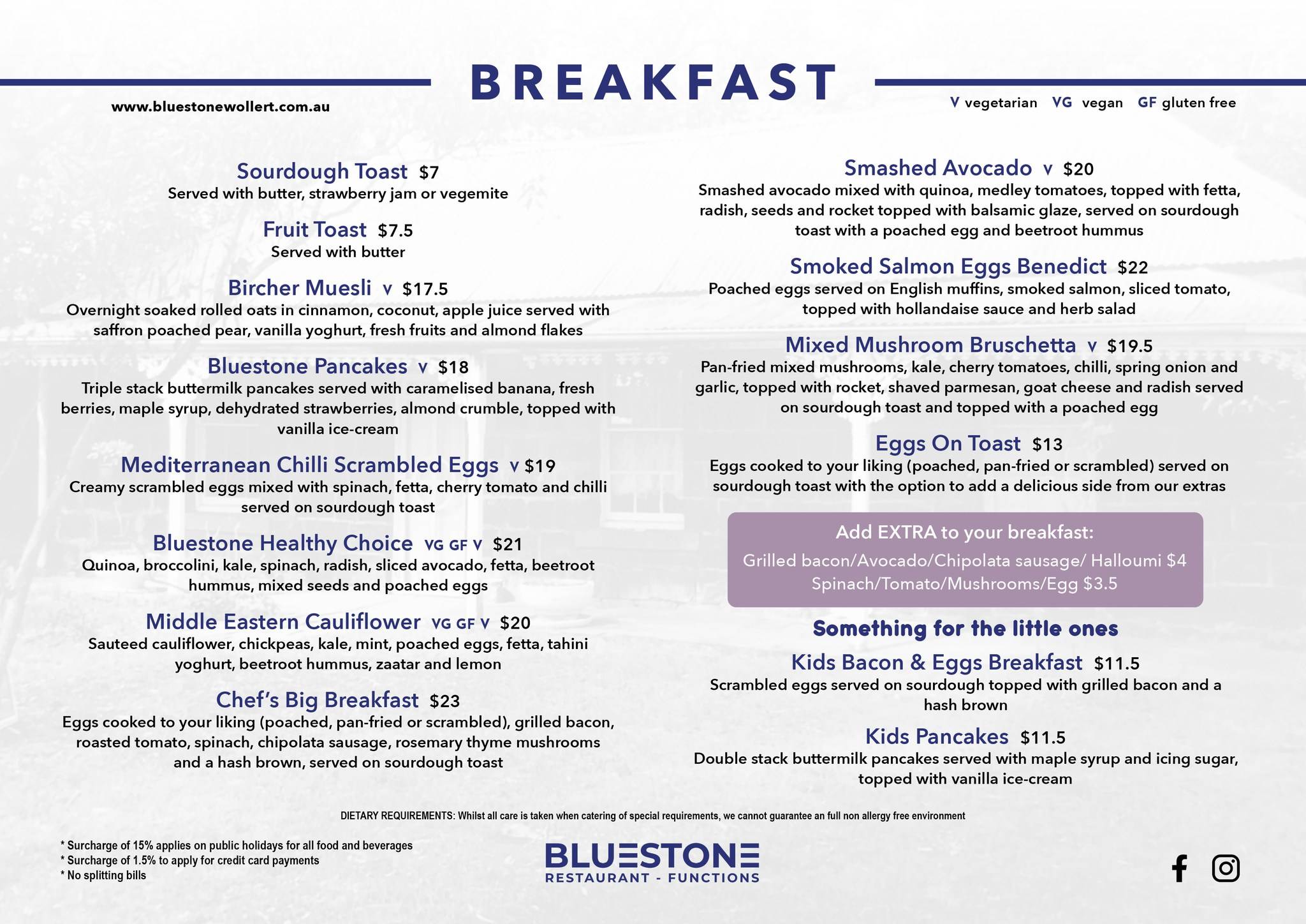 Menu at Bluestone Restaurant Functions, Wollert