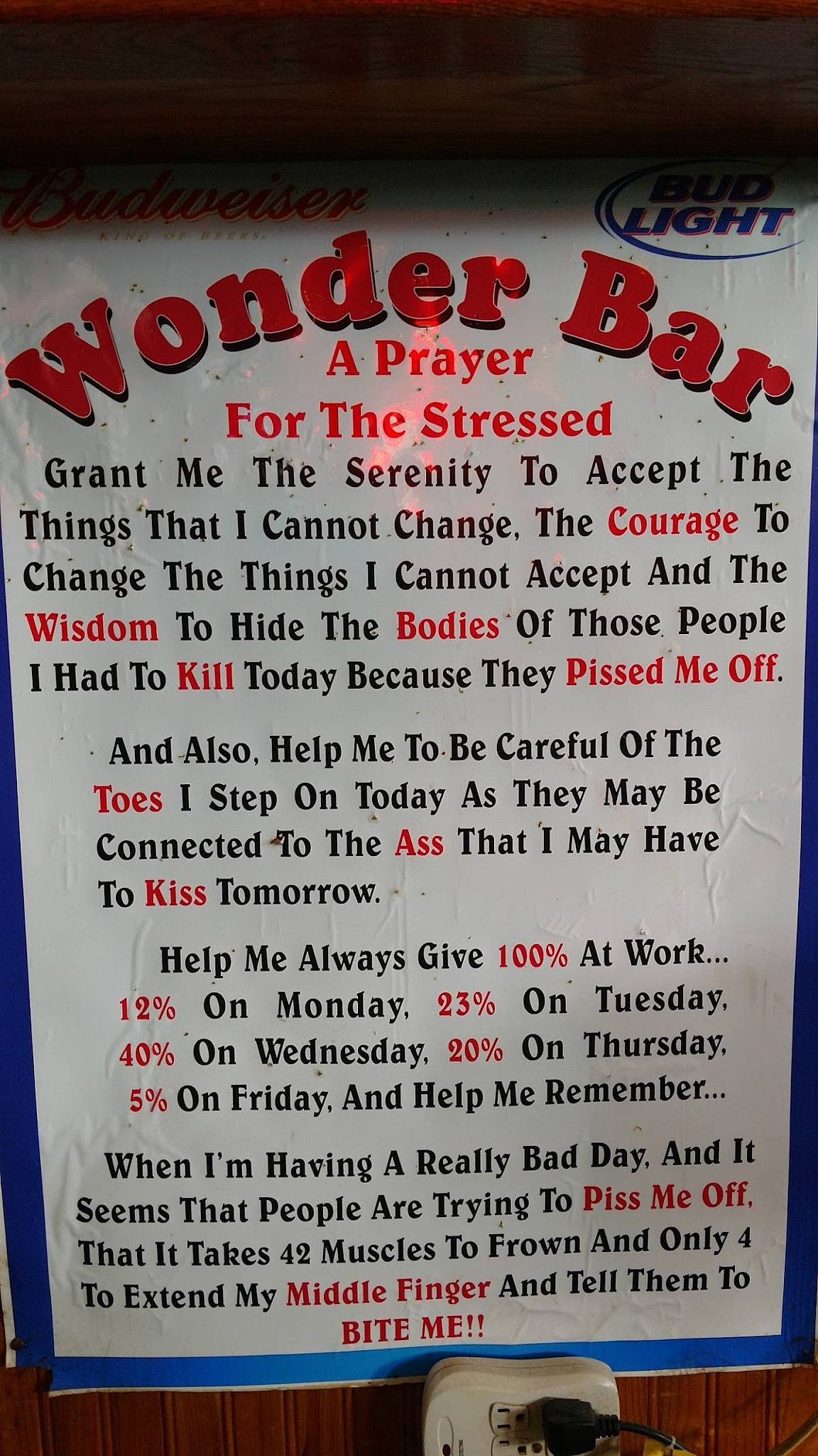 Menu at Wonder Bar & Grill, Galeton