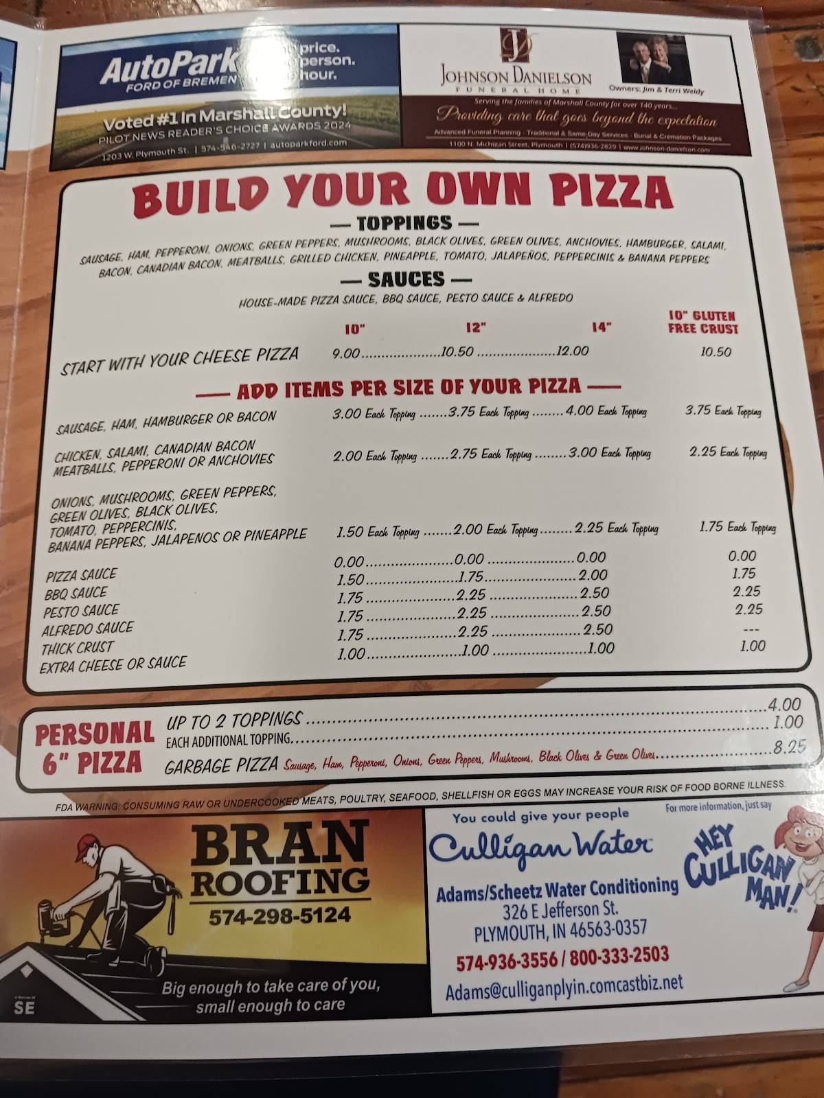 Menu at Wooden Peel pizzeria, Bremen