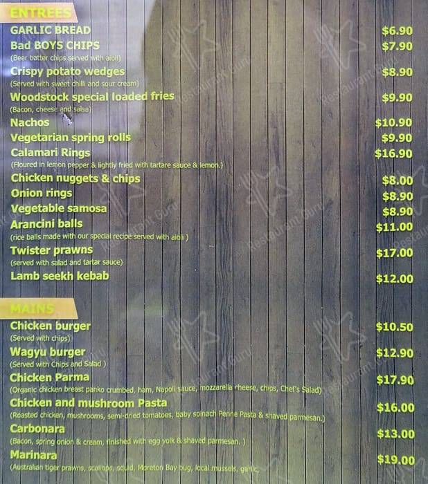 Menu at Woodstock Cafe Bar Restaurant, Cockatoo