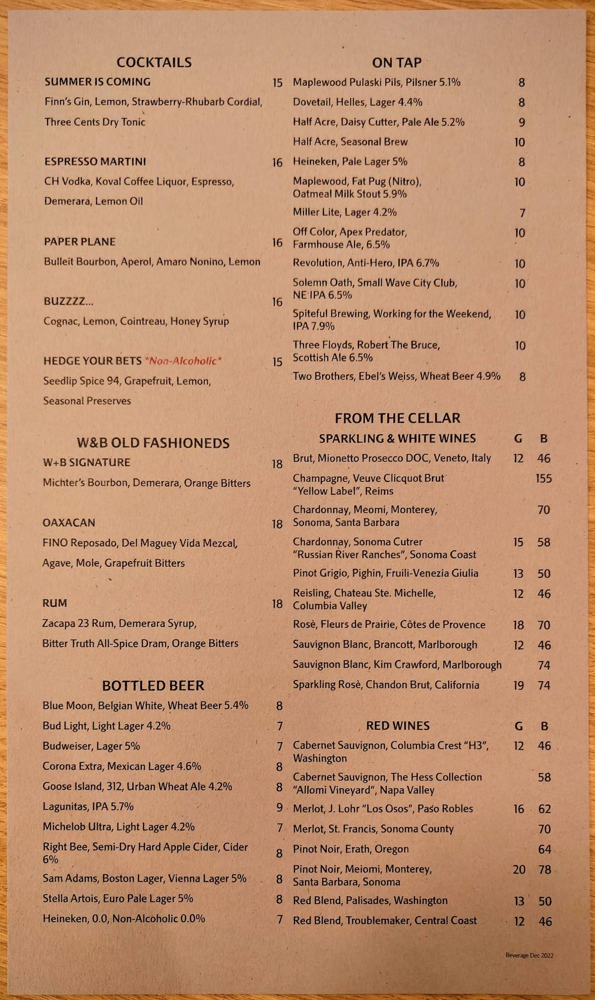 Menu at Woven + Bound Restaurant, Chicago