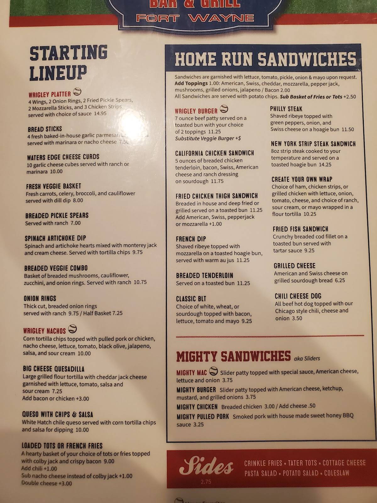Menu at Wrigley Field Bar & Grill, Fort Wayne